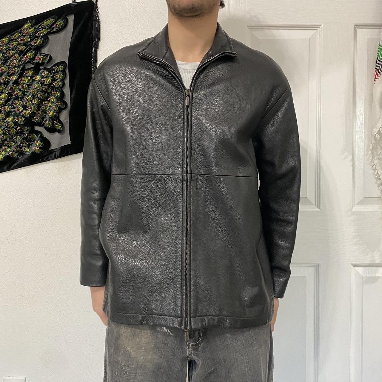 90s straight fit black leather jacket pockets lining... - Depop