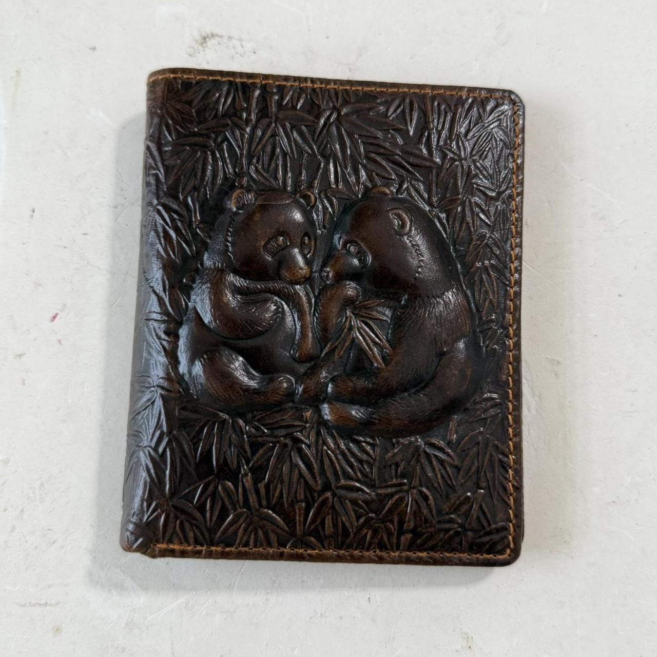 embossed panda wallet, genuine brown leather, brand new - Depop