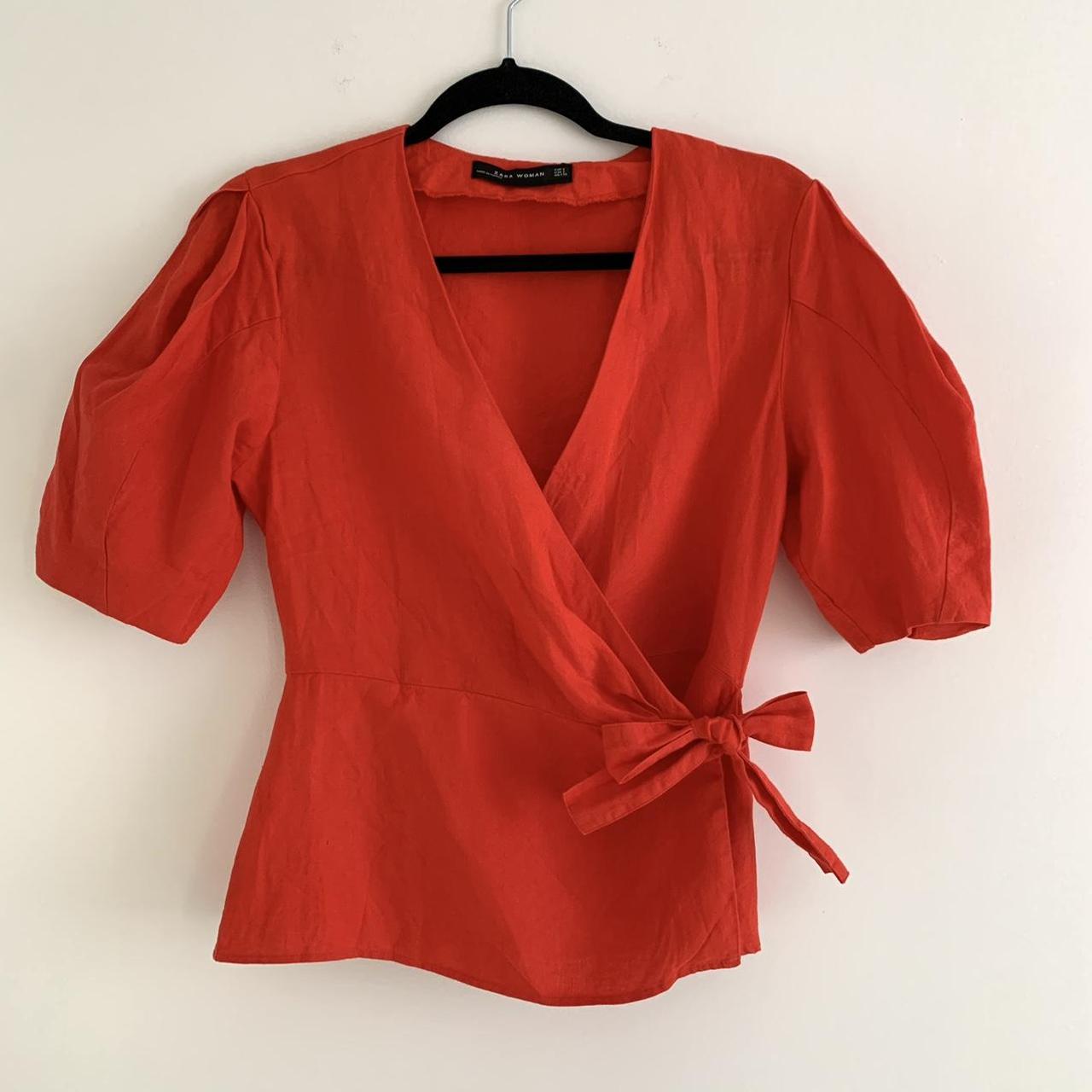 ZARA red linen crossover blouse top. V neck with... - Depop