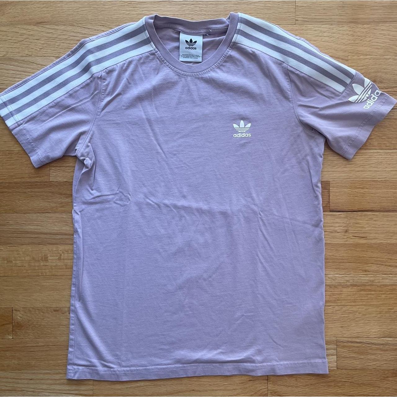 Adidas lavender striped Tshirt Size: M In great... - Depop