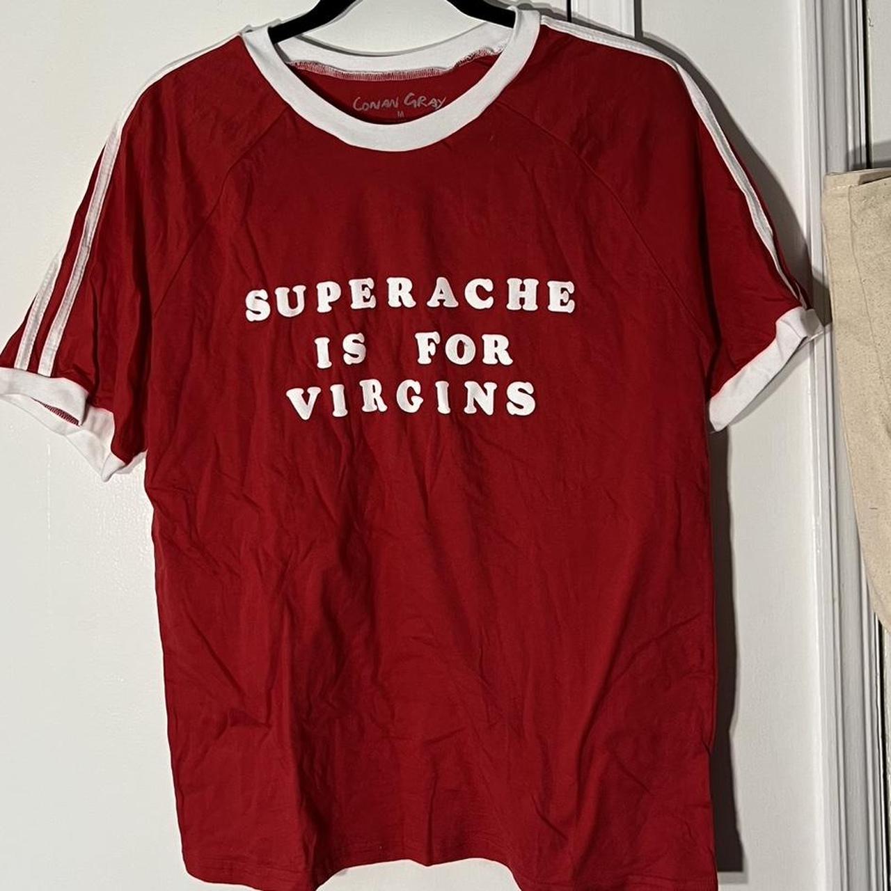 Red and white "Superache Is For Virgins" cotton tee... | Depop