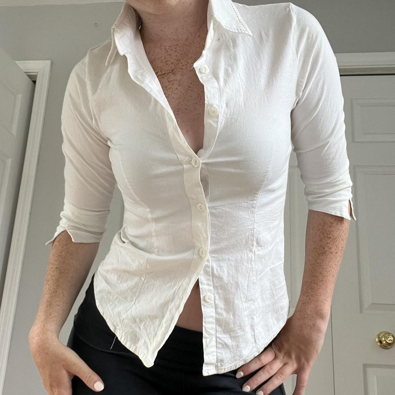 vintage tight white button up. very office siren... - Depop