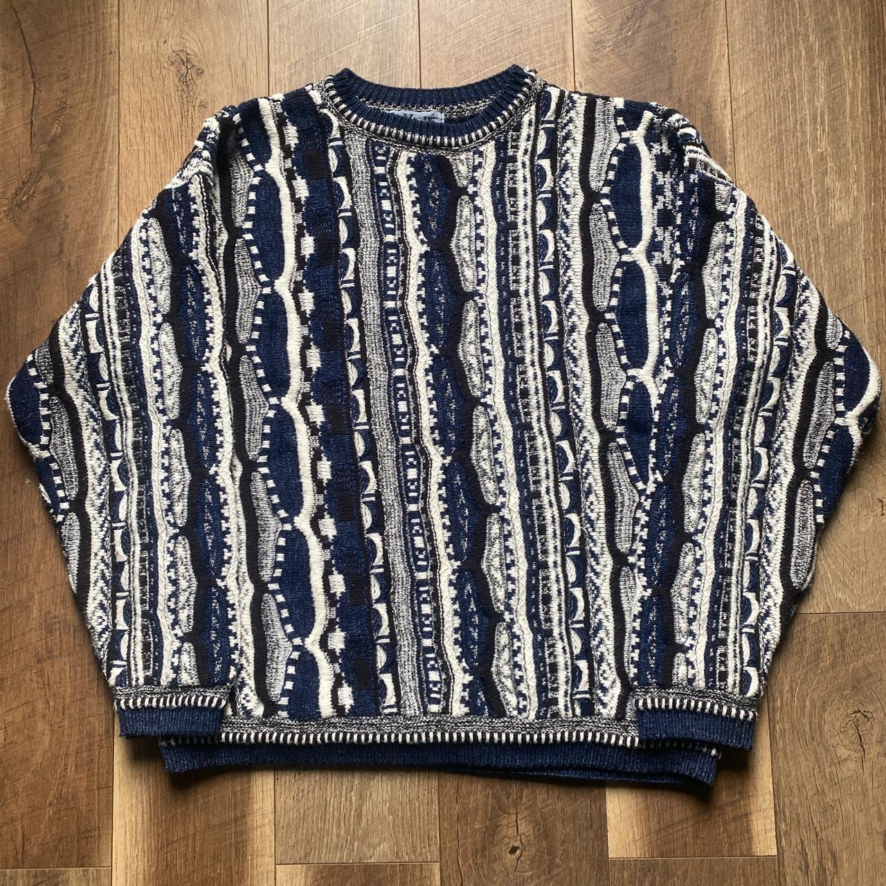 Vintage coogi style sweater with navy blue... - Depop