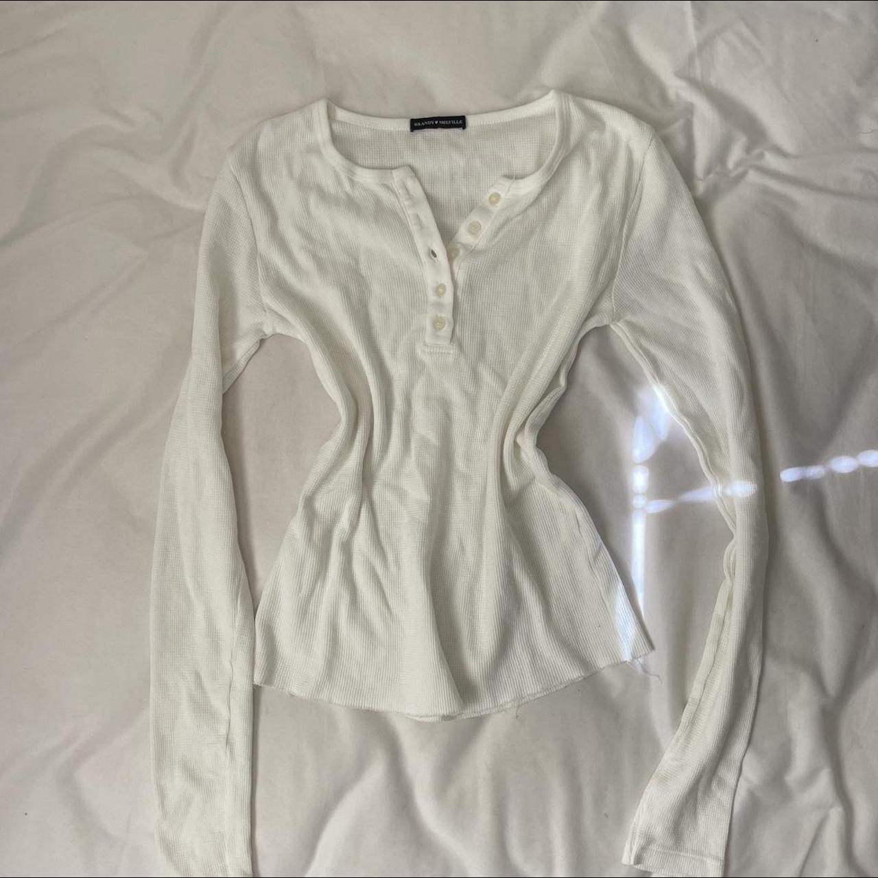 brandy melville white henley top- such a cute long... - Depop