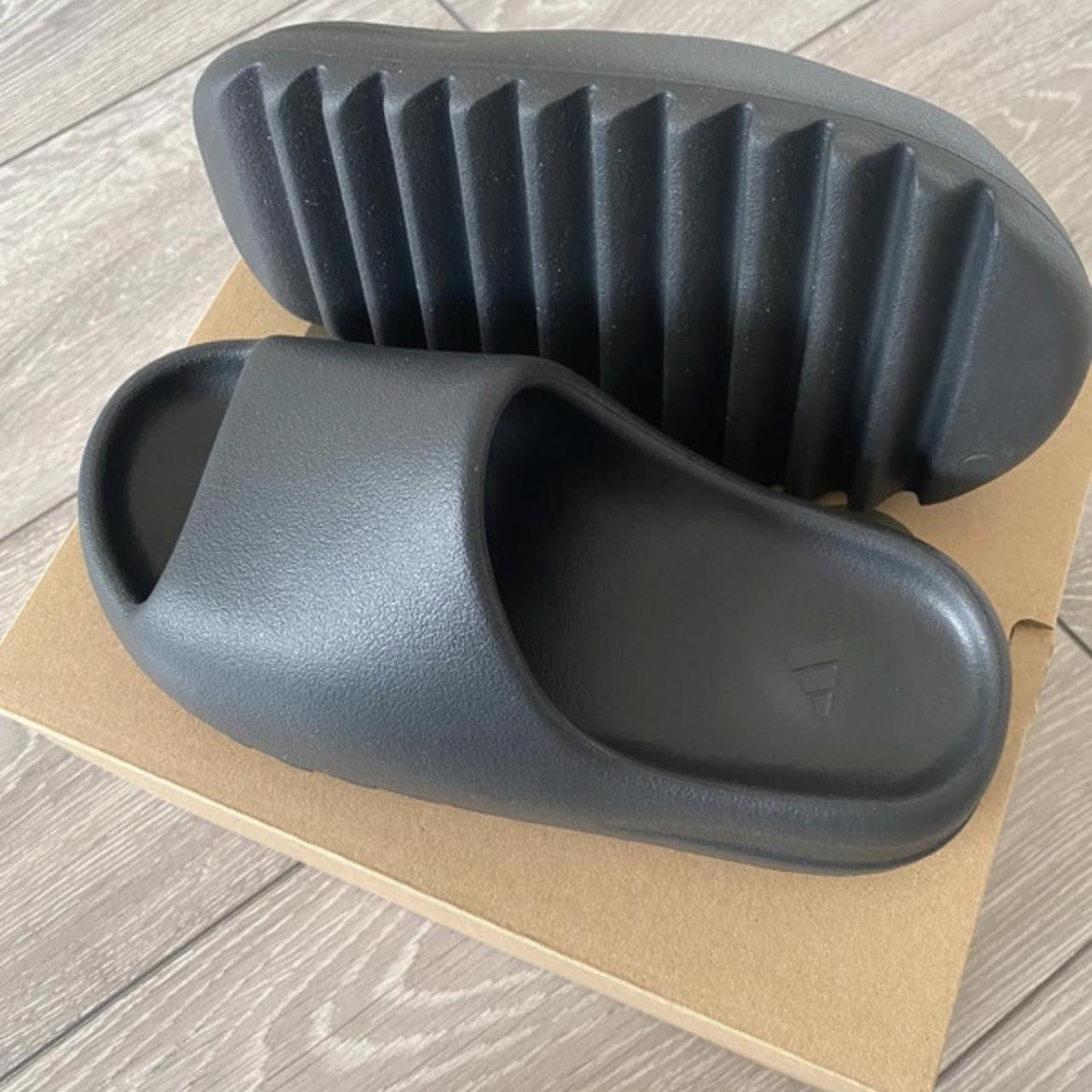 Yeezy slides flax (Black) with box AUTHENTIC UK 3 &... - Depop