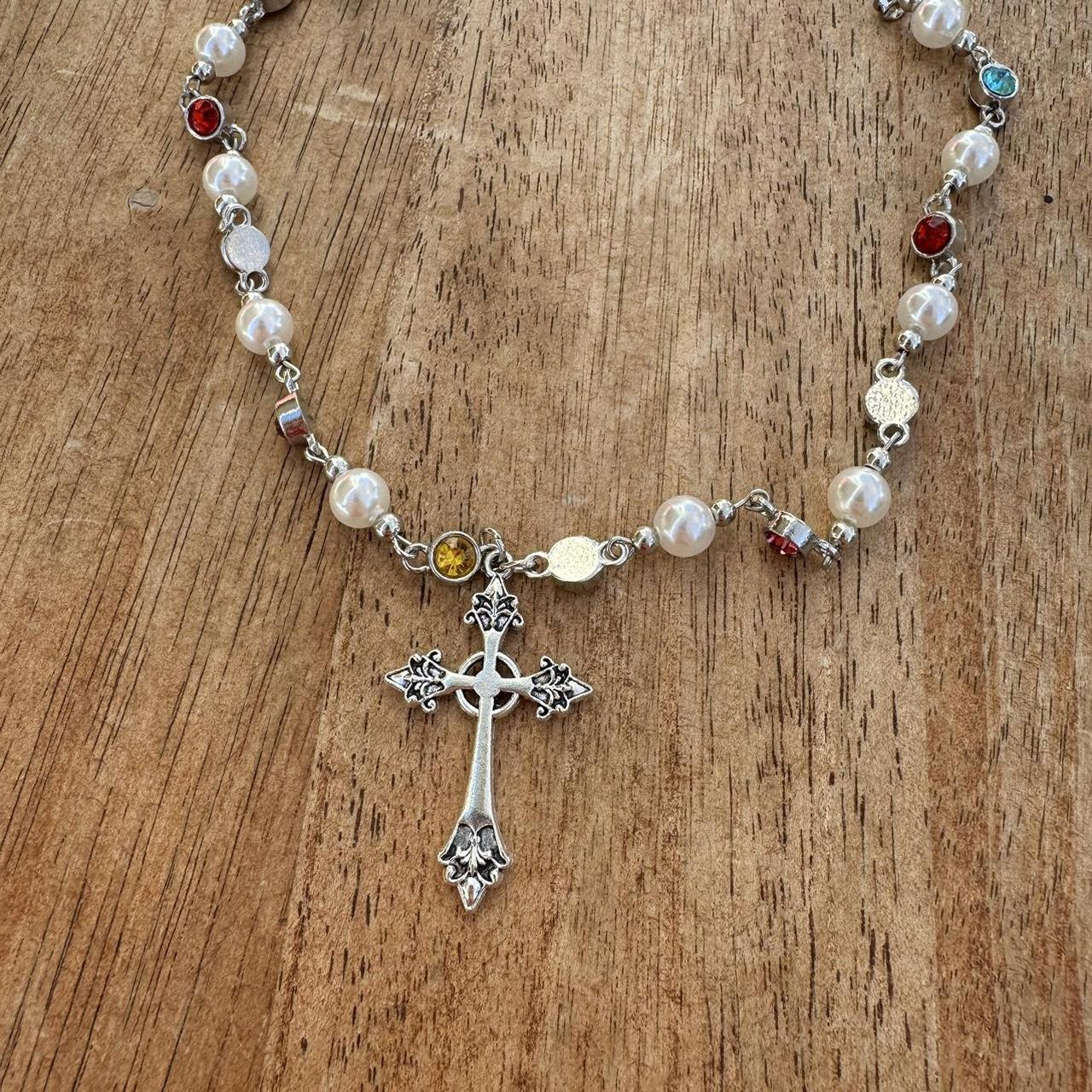 Gothic Y2K silver cross gems necklace. Grunge y2k... | Depop