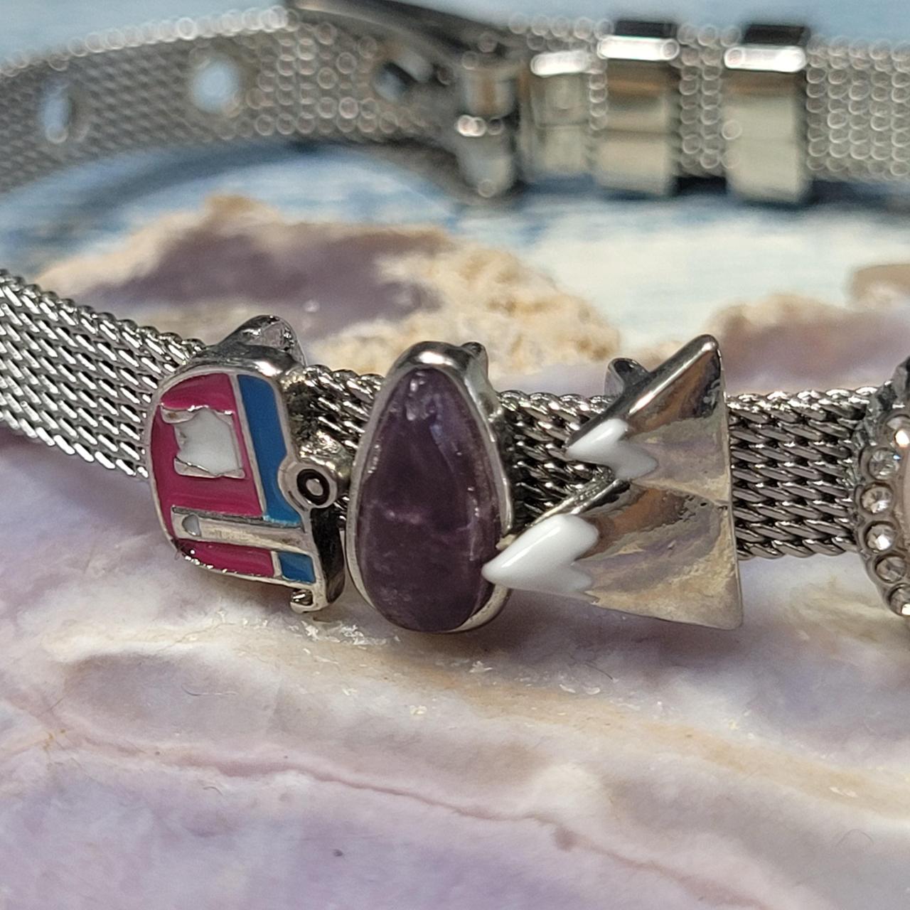 Pre-Own Silver and Purple Charm Bracelet. Mesh... | Depop