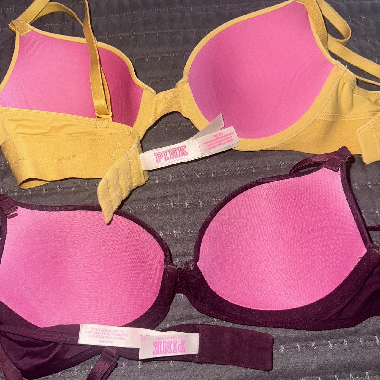 2 pink bras, yellow is 32B.. maroon is 34A (fits... - Depop
