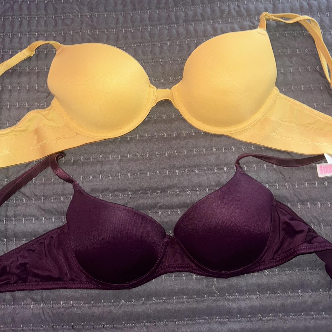 2 pink bras, yellow is 32B.. maroon is 34A (fits... - Depop