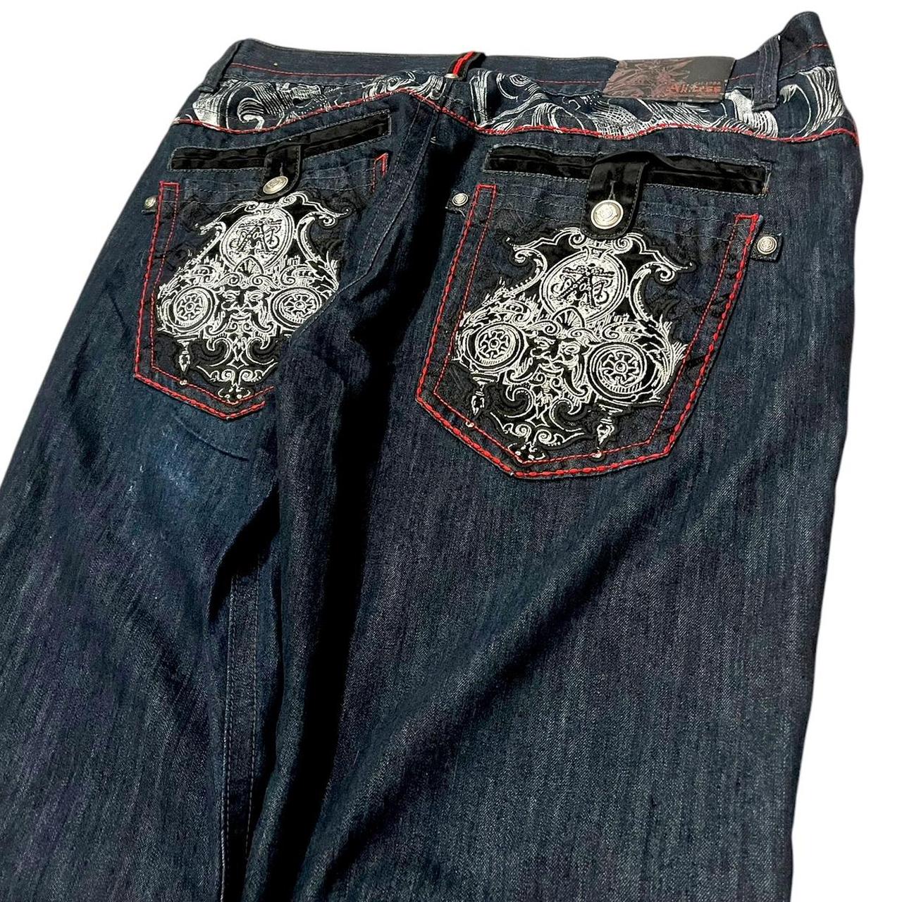 Black and red Akcess jeans with embroidered details... | Depop