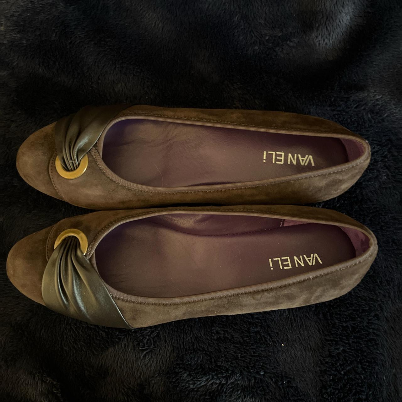 Brown suede Vaneli ballet flats with gold accents... | Depop