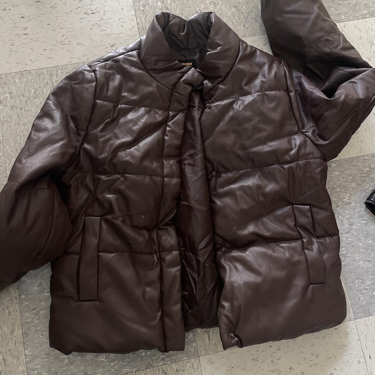 Dark brown faux leather puffer jacket! Unknown... - Depop