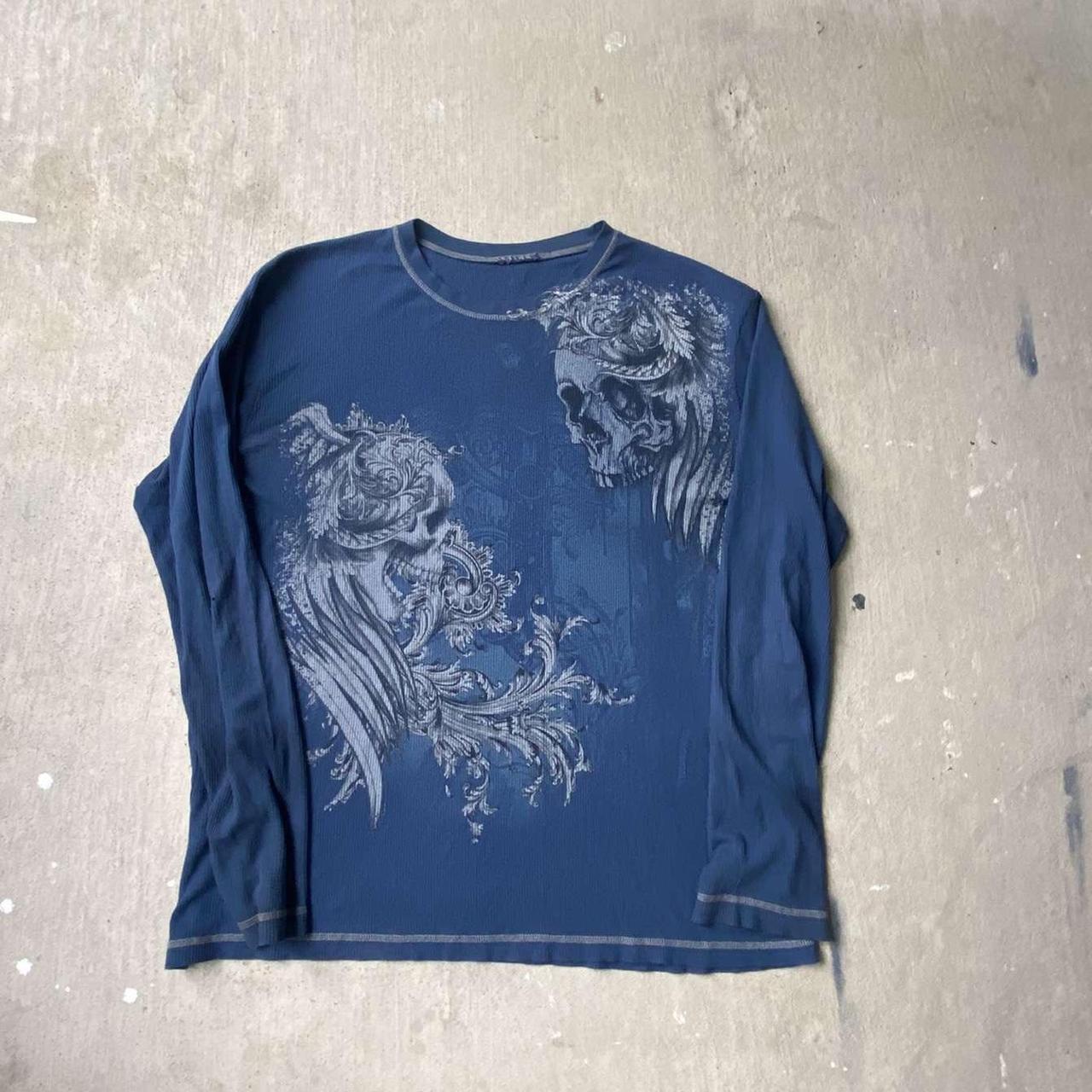 Affliction Men's Blue and Black T-shirt | Depop