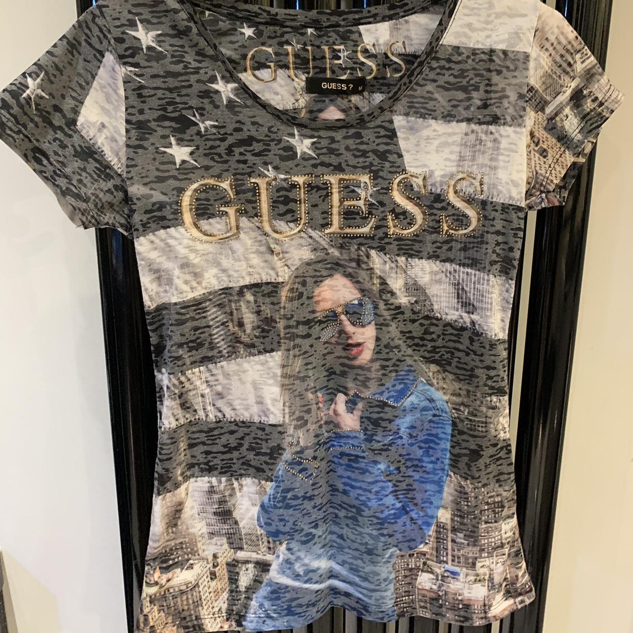 Guess print tee Size 10 fitted Rhine stone... - Depop
