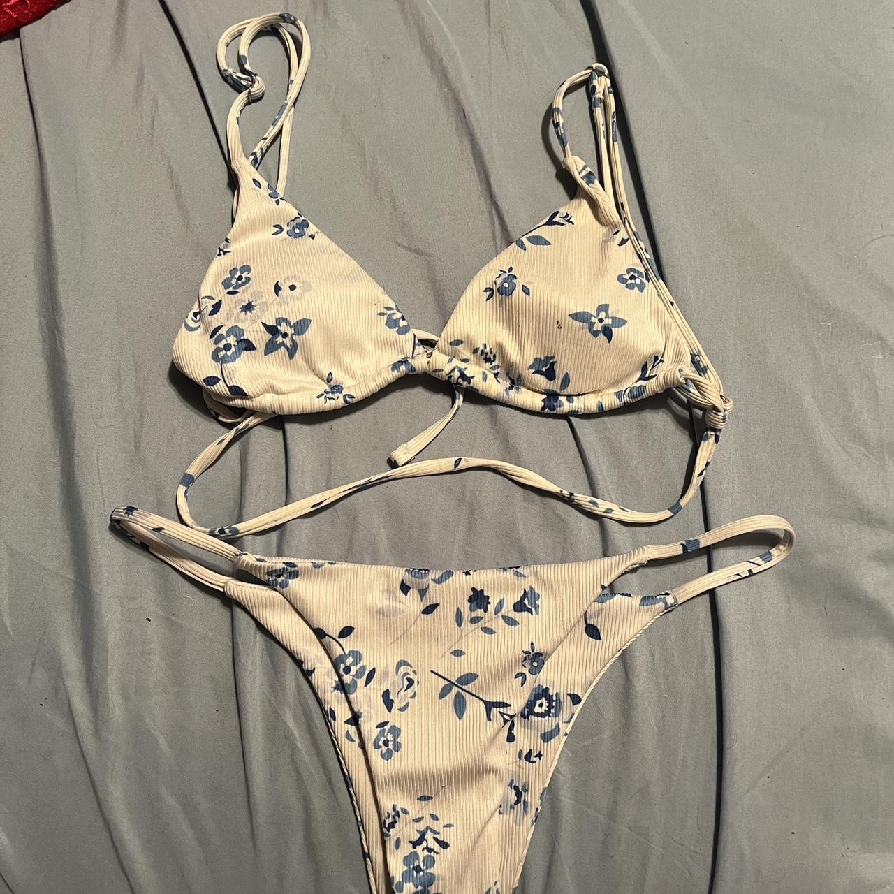 Women's Blue and White Swimsuit-one-piece | Depop