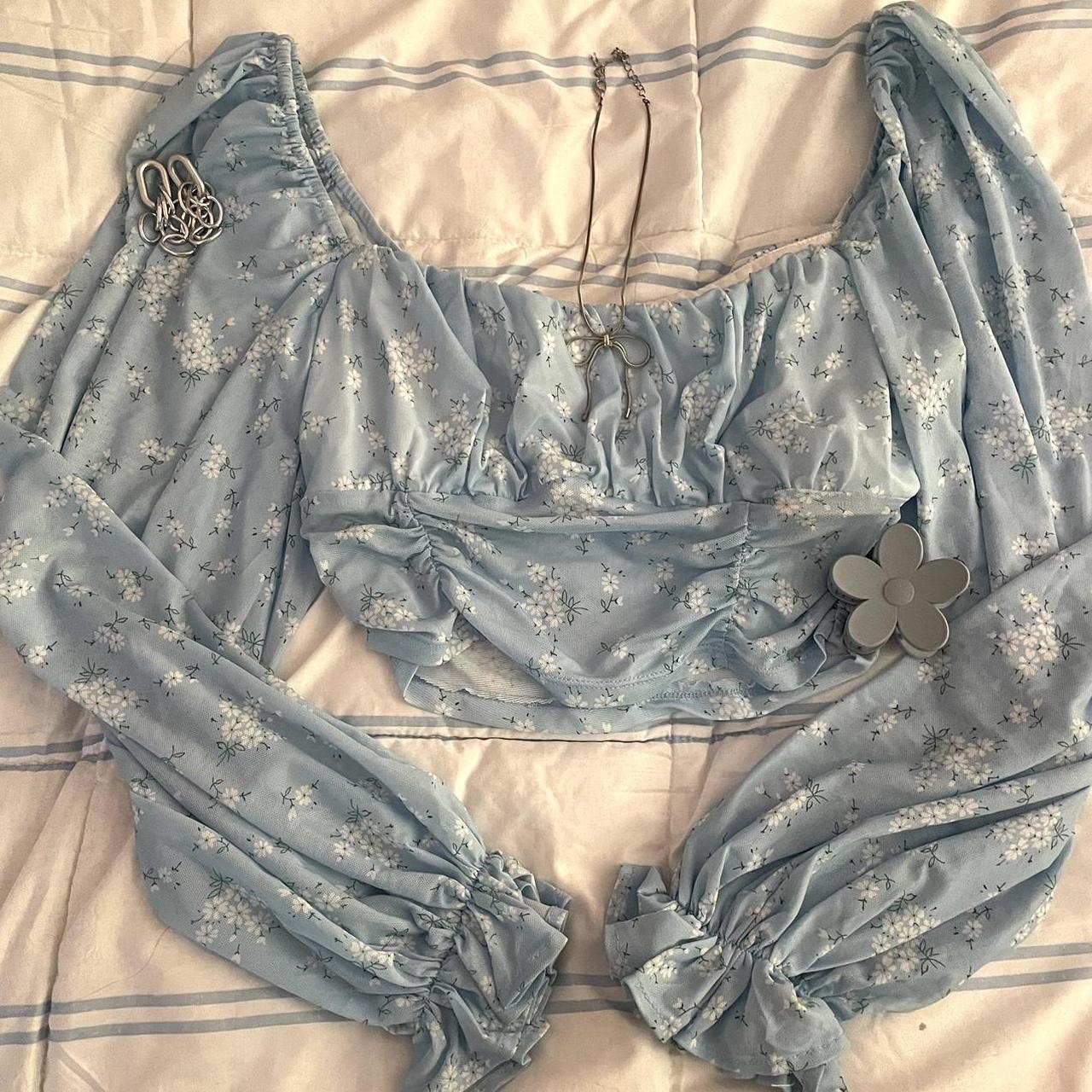 blue floral cropped cottagecore top 🫖 adorable... - Depop