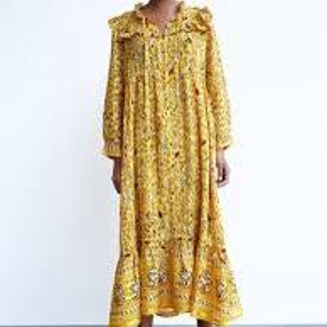 ZARA Pleated Ruffled Midi Dress Floral Yellow Flowy... - Depop