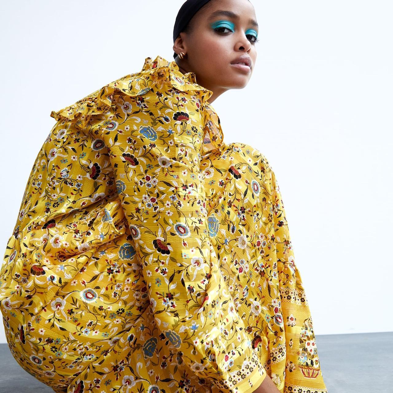 ZARA Pleated Ruffled Midi Dress Floral Yellow Flowy... - Depop