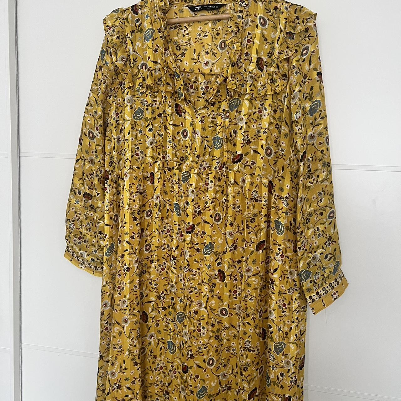 ZARA Pleated Ruffled Midi Dress Floral Yellow Flowy... - Depop