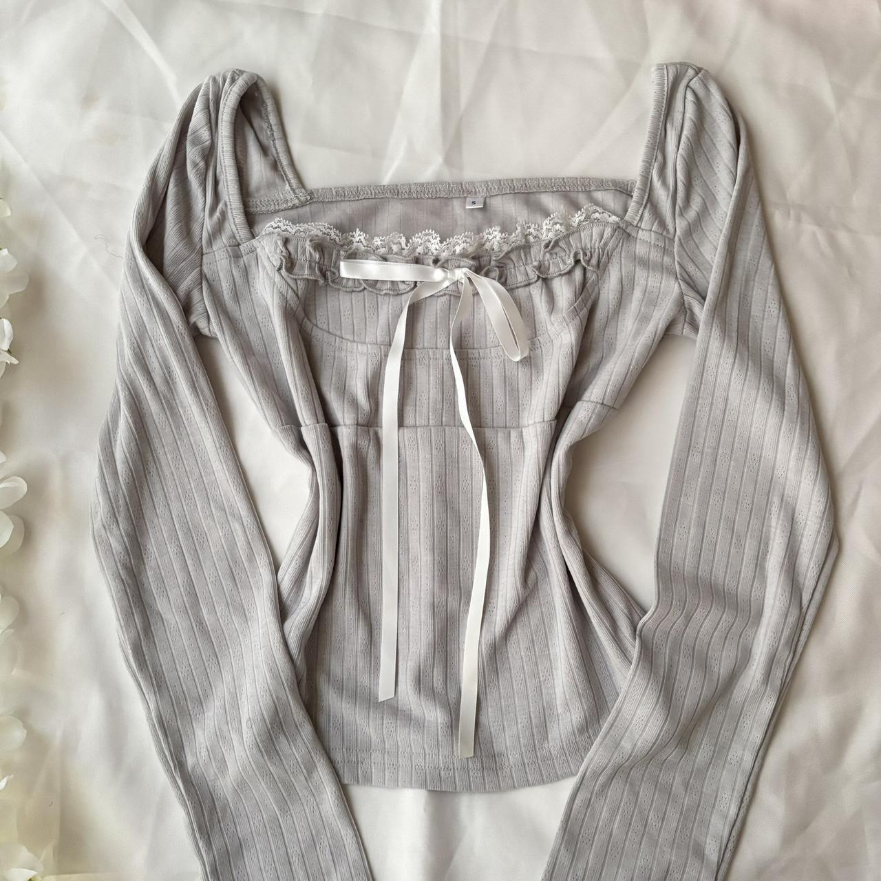 Grey coquette top with lace and ribbon ♡ Size:... | Depop