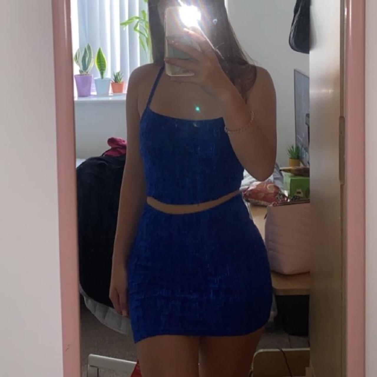 Ego blue co ord Asymmetric top: size 6 Mini skirt:... - Depop