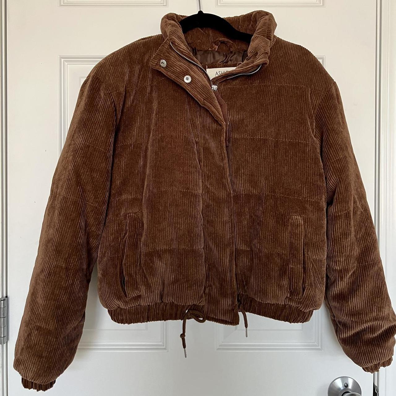 Brown Corduroy puffer jacket Size: Medium - Depop