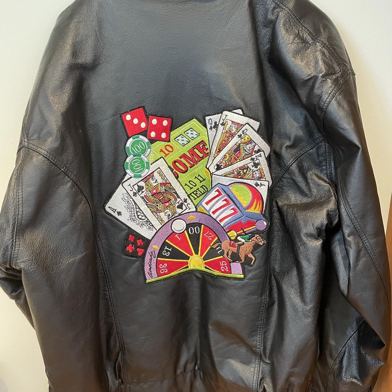 Vintage Black Leather Jacket Poker Vegas Embroidered... - Depop