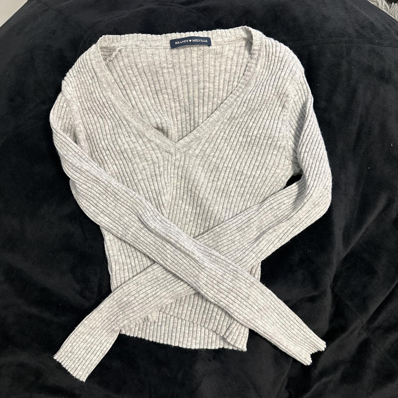- Brandy Melville cropped tight V neck sweater light... - Depop