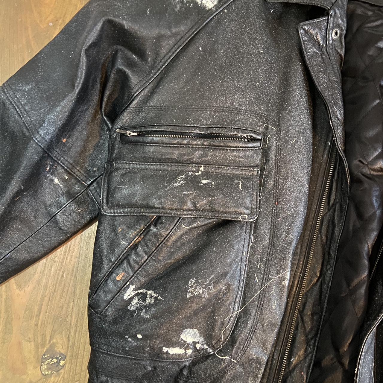 Thrashed leather jacket paint splats throughout.... - Depop