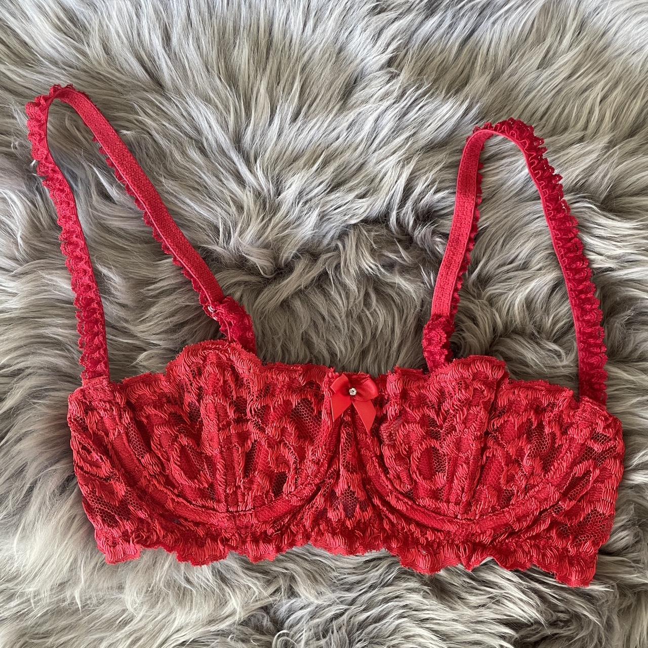 Red lace shelf bra with a cute little bow in the... - Depop