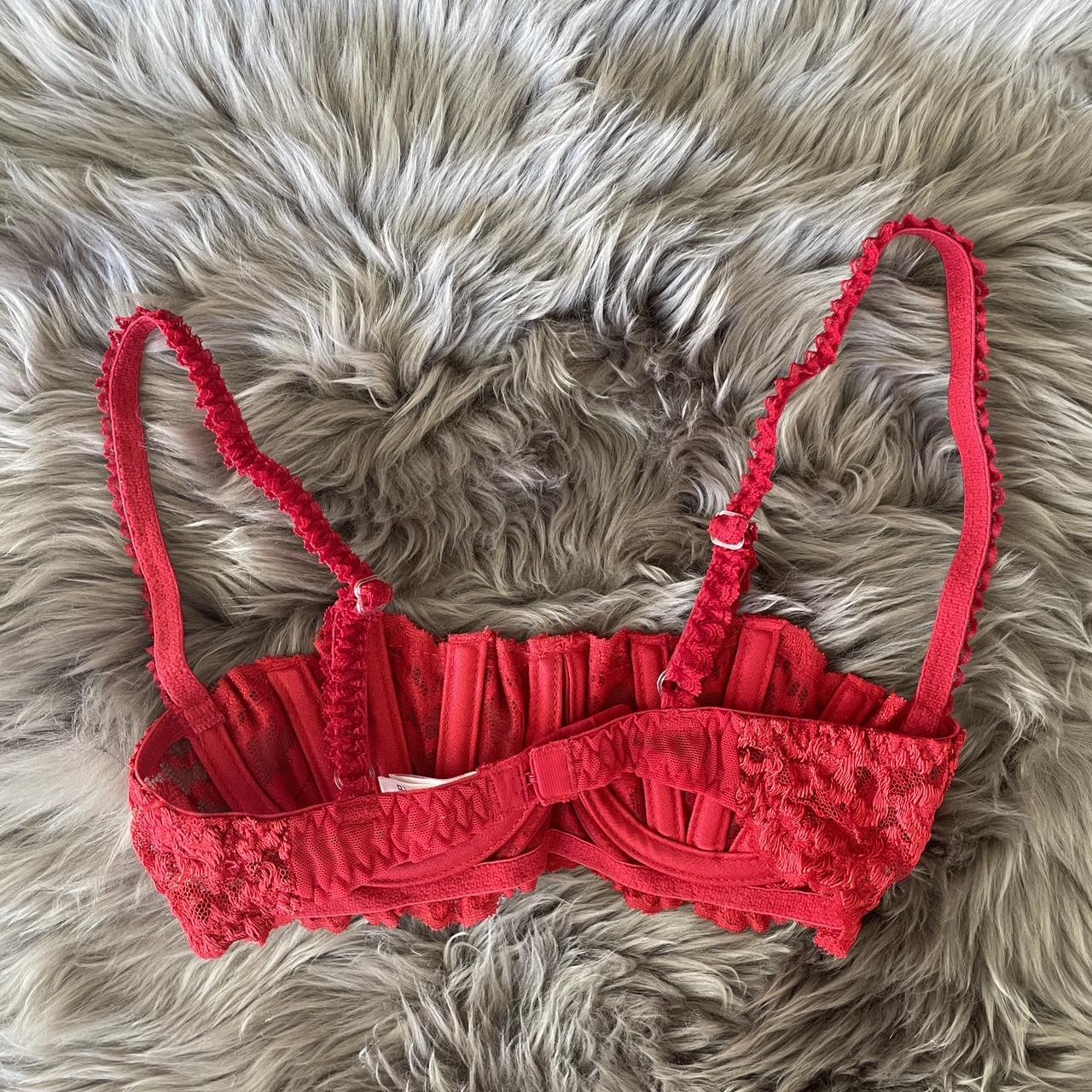 Red lace shelf bra with a cute little bow in the... - Depop