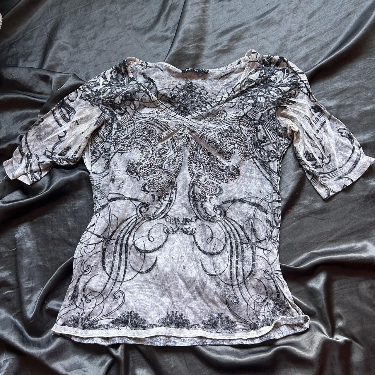 Cyber Y2K rhinestone mid cut leave shirt Size-... - Depop