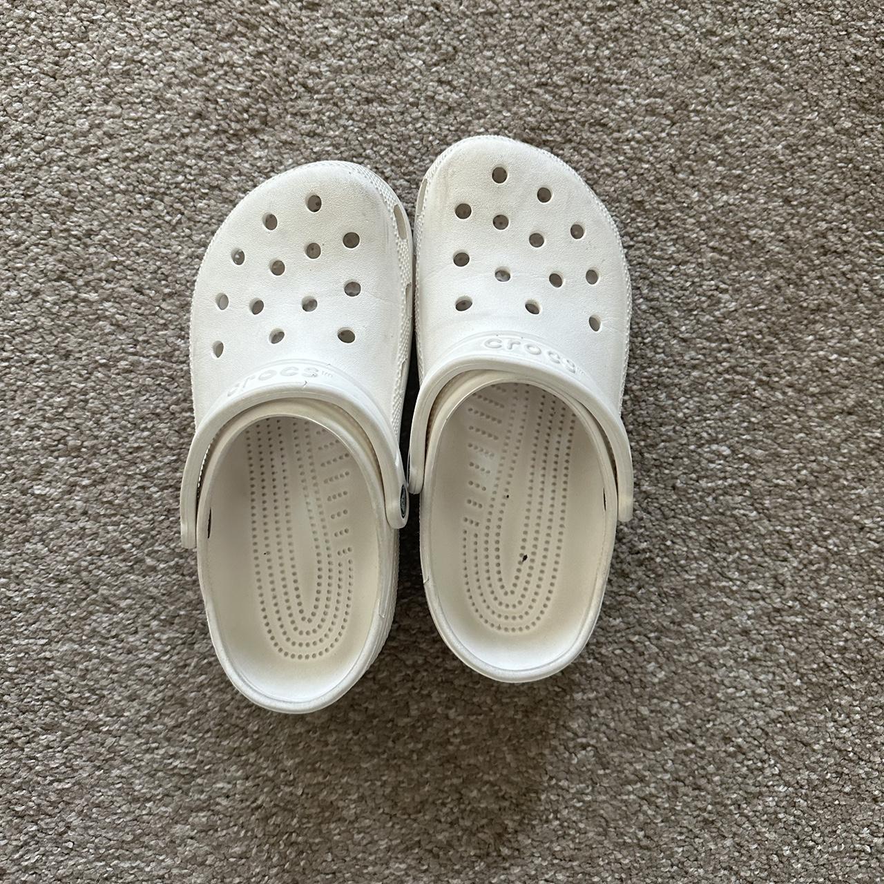 White Crocs - In used condition, no tears - Size J6... - Depop