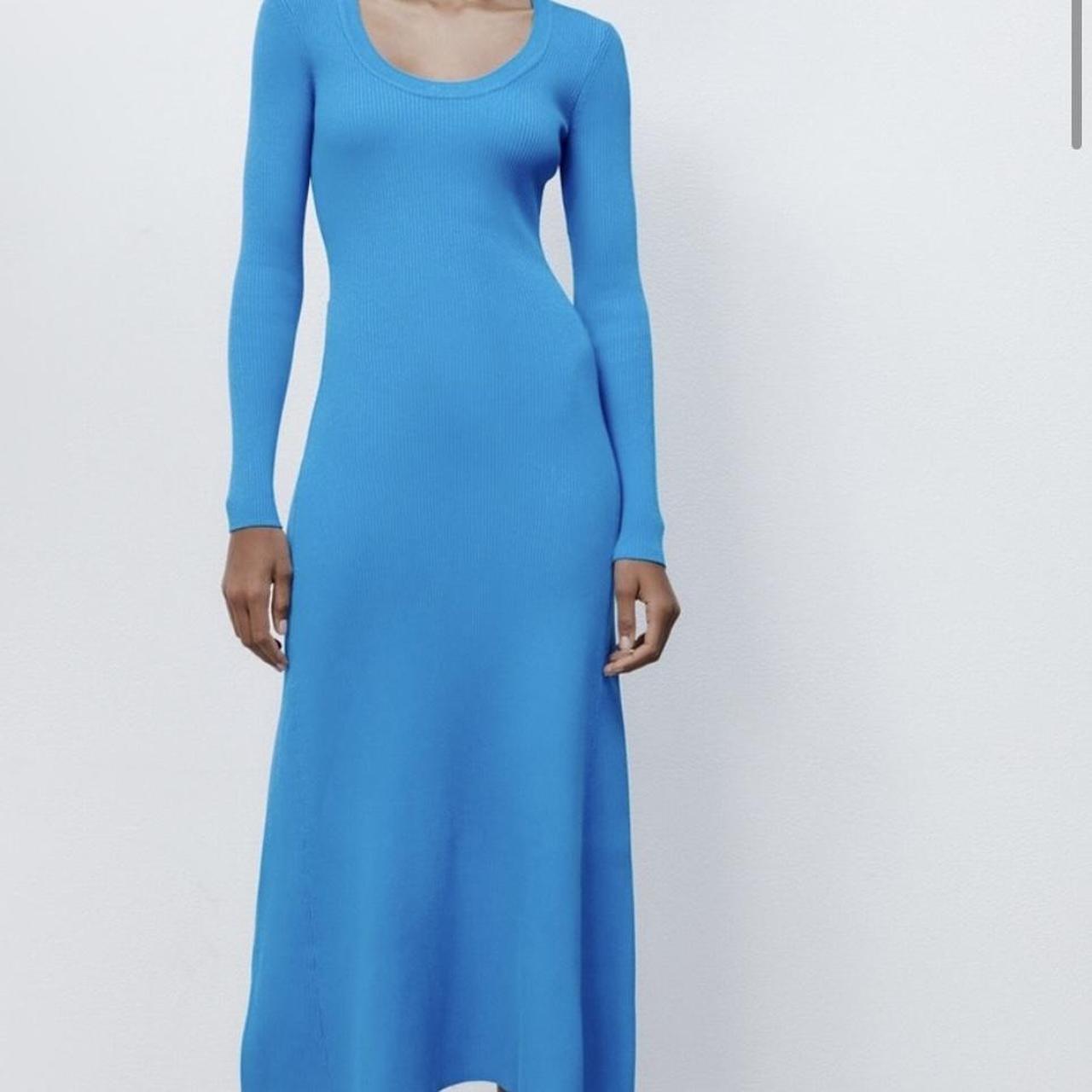Zara long rib knit dress flare bottom blue bright... - Depop