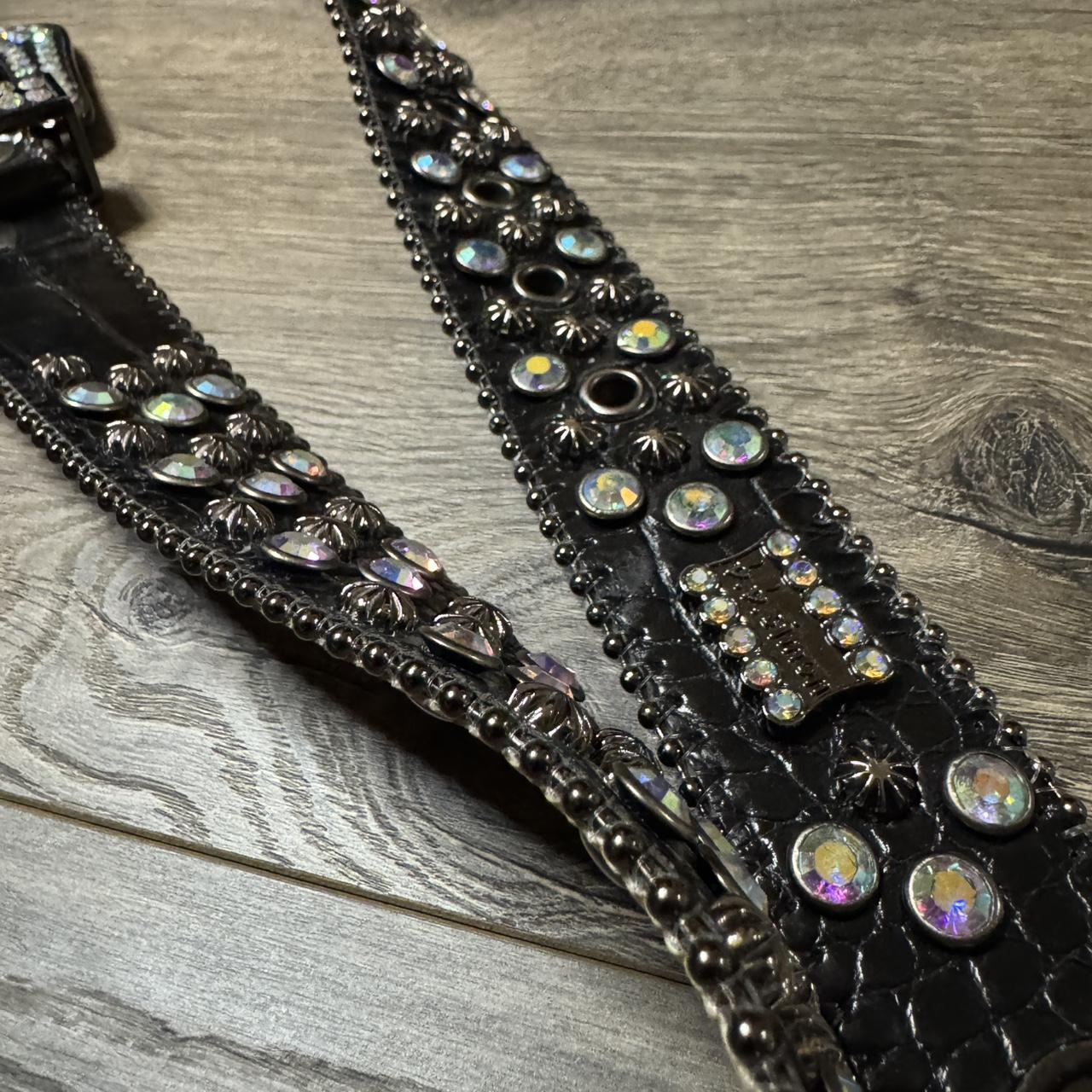bb simon black and white rhinestone studded belt... | Depop
