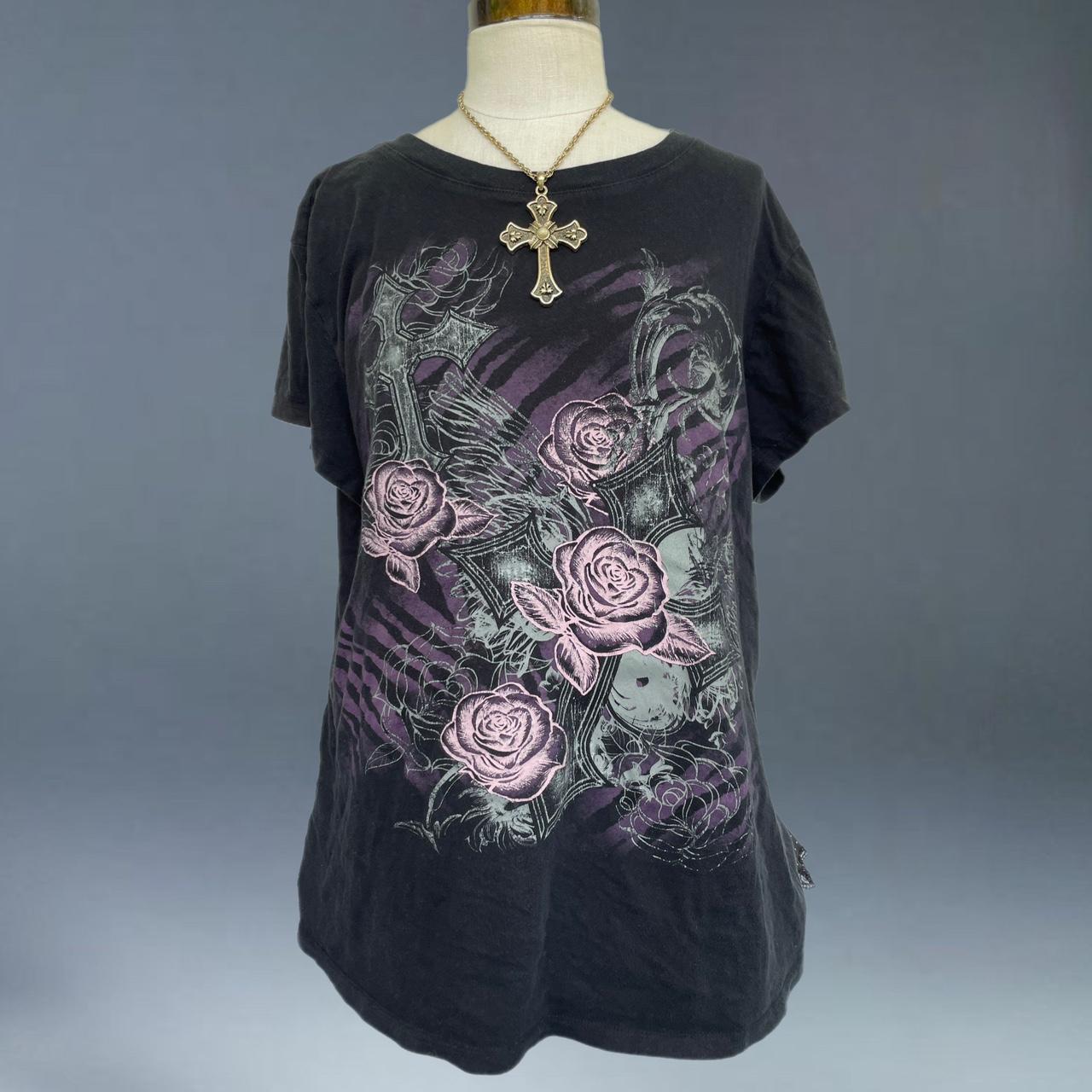 y2k black mall goth scene emo tattoo cross rose t... - Depop