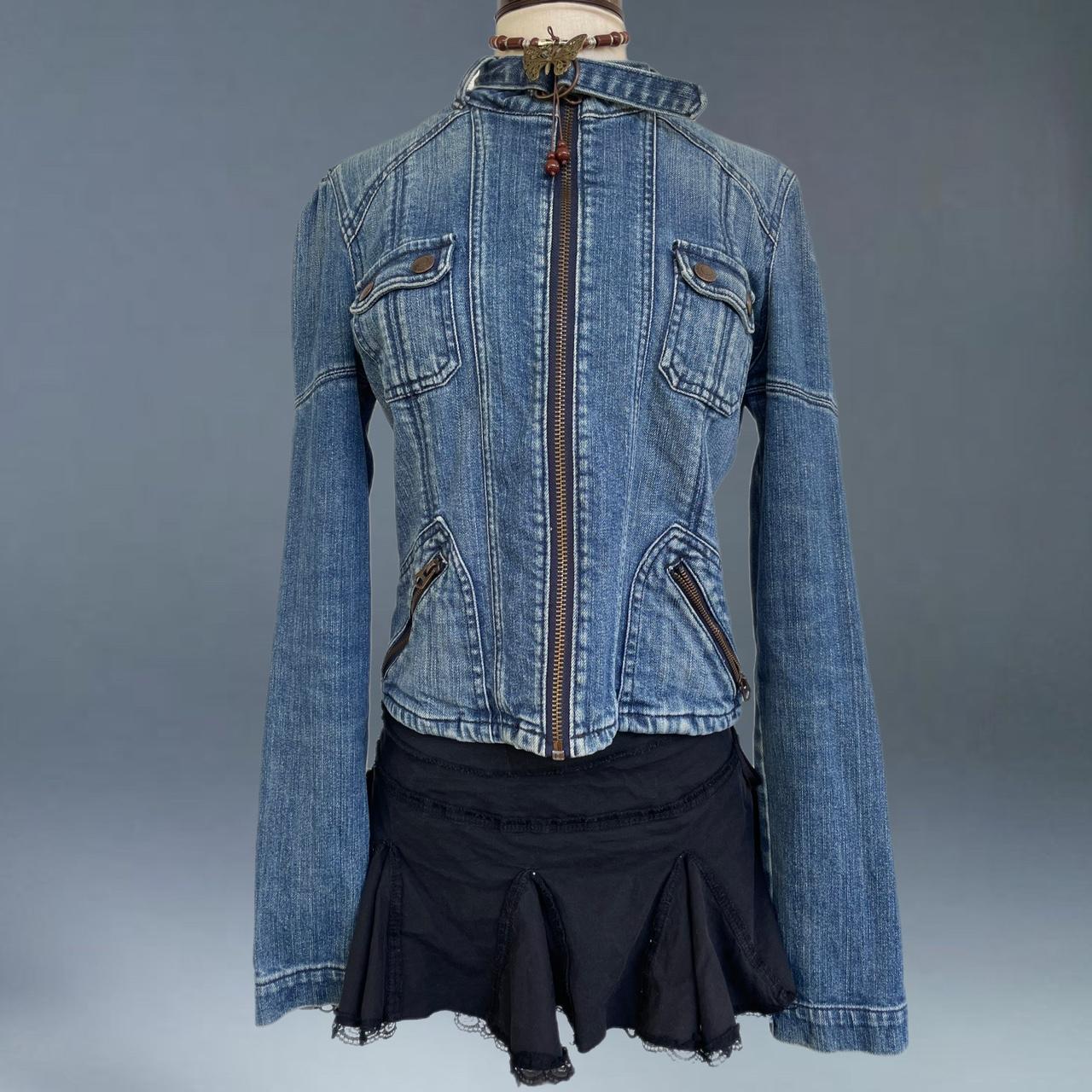 y2k early 2000s jean denim biker moto jacket ☆... - Depop