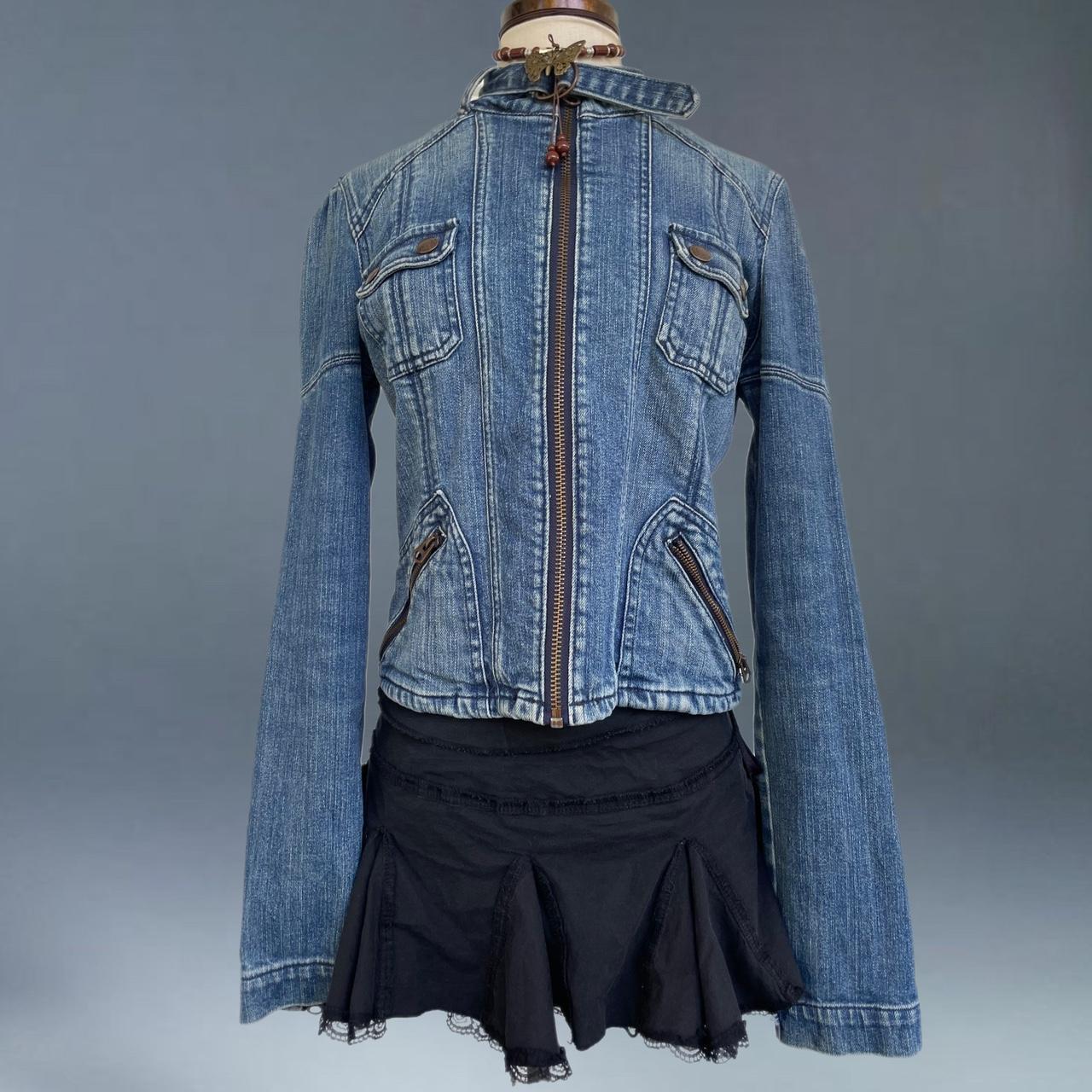 y2k early 2000s jean denim biker moto jacket ☆... - Depop