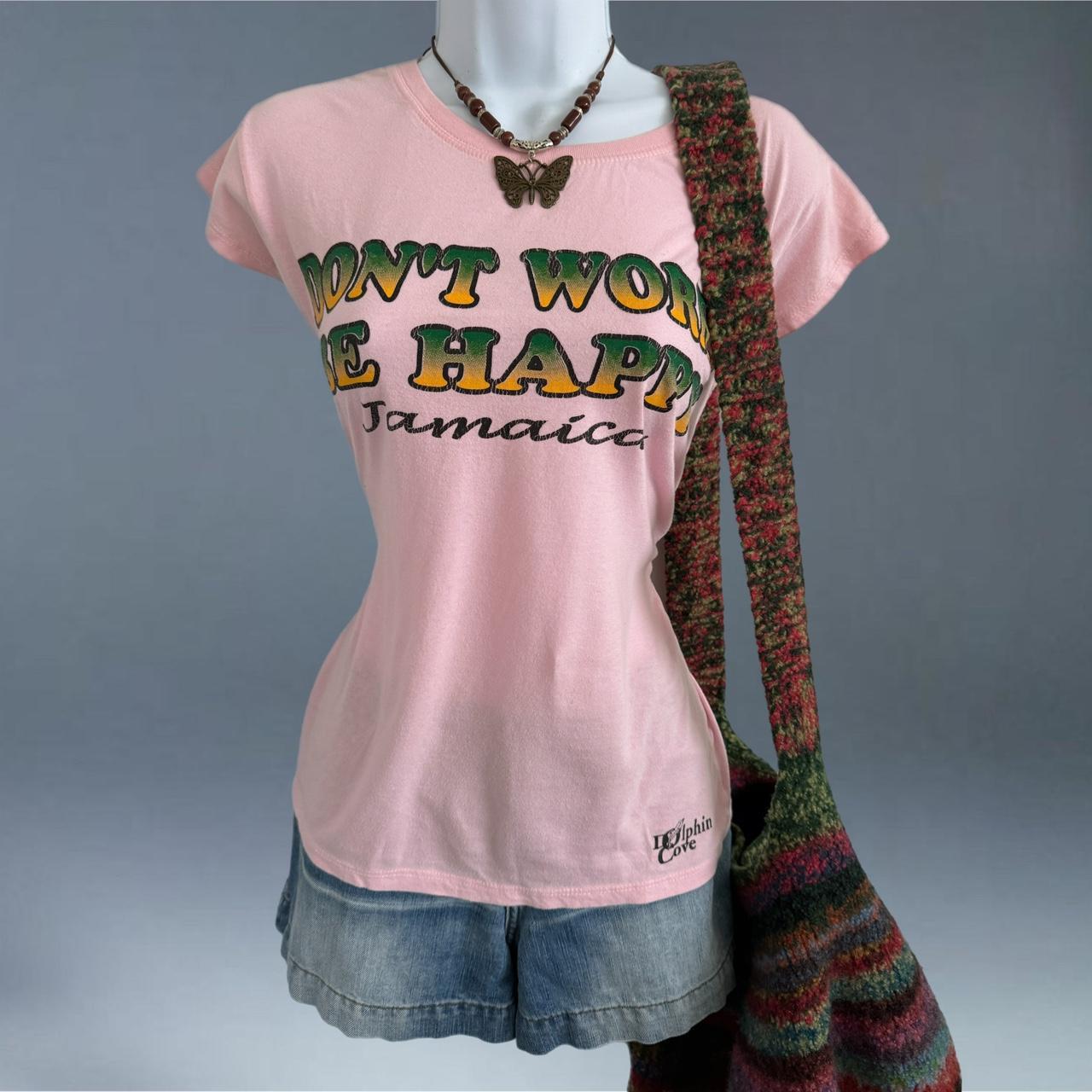 y2k pink don’t worry be happy jamaica baby tee ☆... - Depop