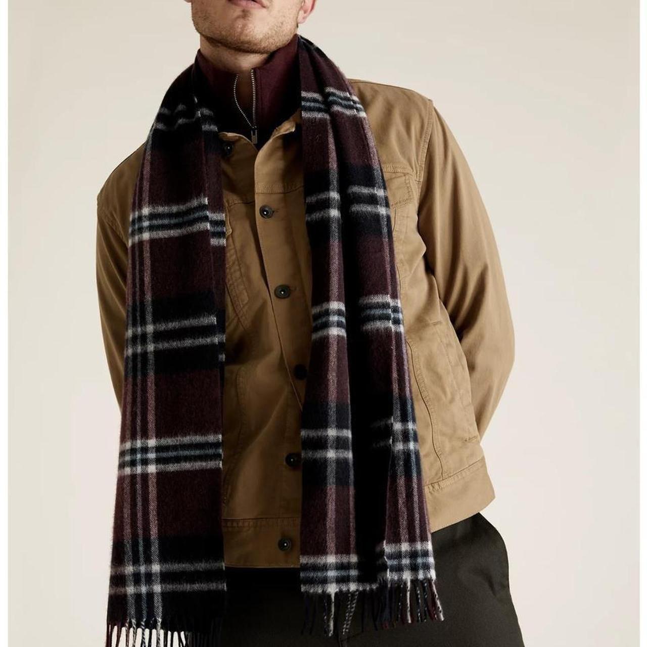 MENS M&S BURGUNDY CHECKED MERINO WOOL SCARF. New... - Depop