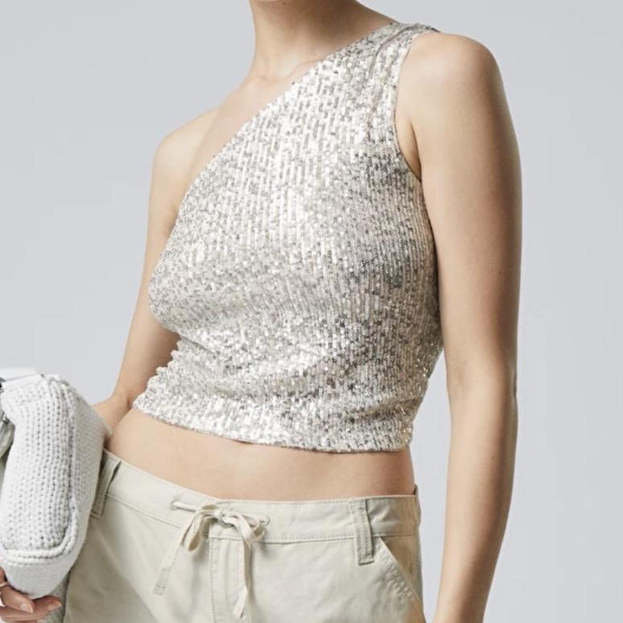 Weekday Silver Sequin One Shoulder Top Size S Depop
