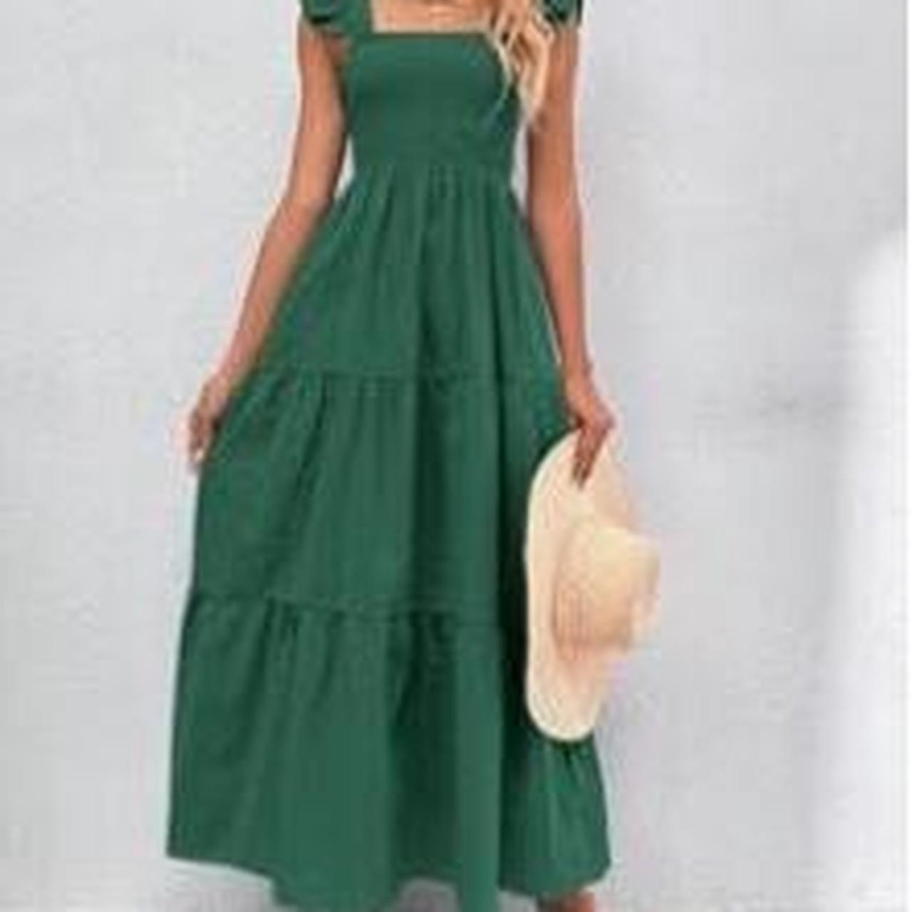 GREEN Shirred bodice ruffle hem dress Tagged for... | Depop