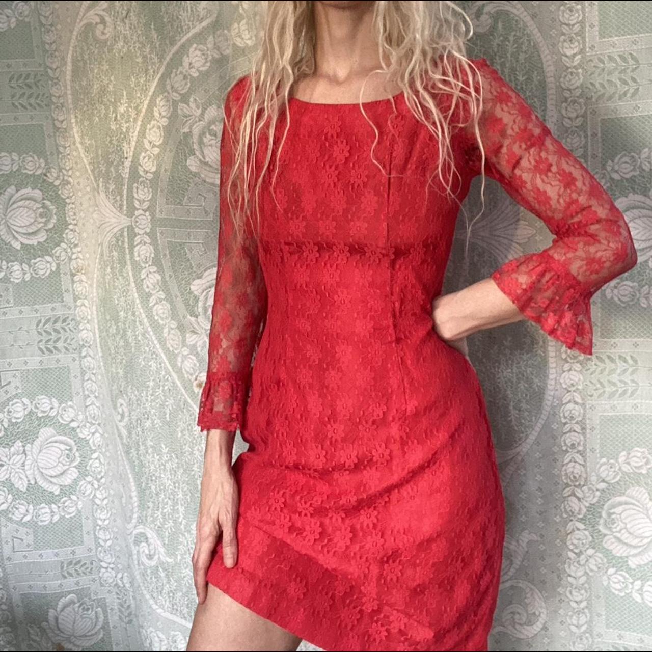 Vintage 70s coquette red sheer lace fitted dress... | Depop
