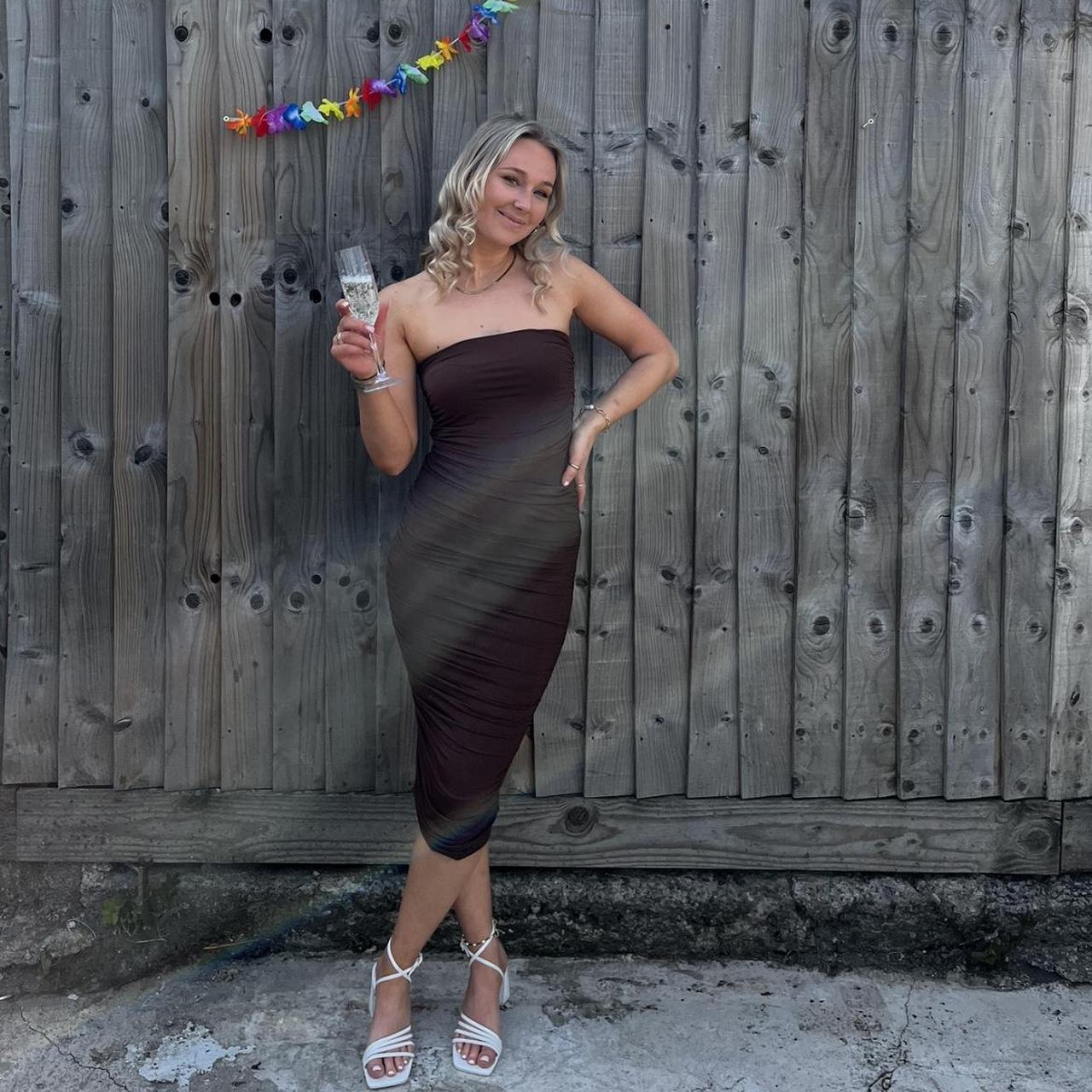 Brown Zara ruched bandeau dress Worn once Size 8,... - Depop