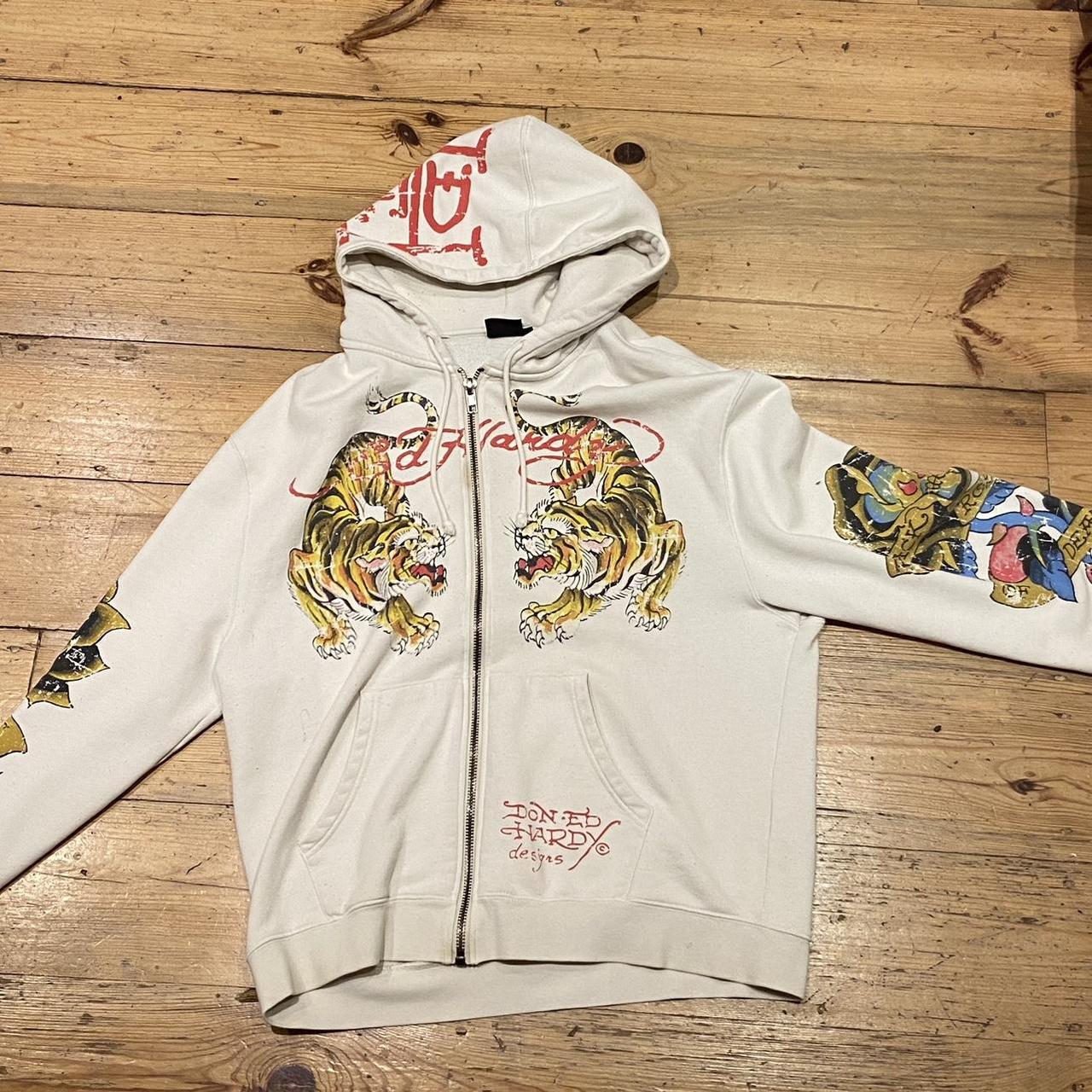 Ed Hardy hoodie, white, only worn a few times, large... - Depop