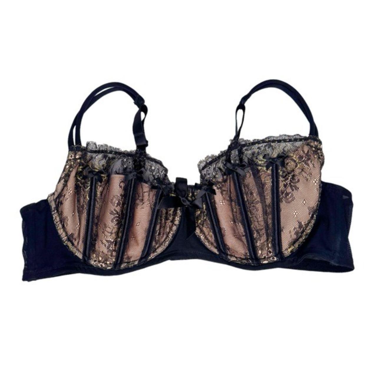 CACIQUE BLACK GOLD LACE MESH BRA SZ 44D Very good... - Depop