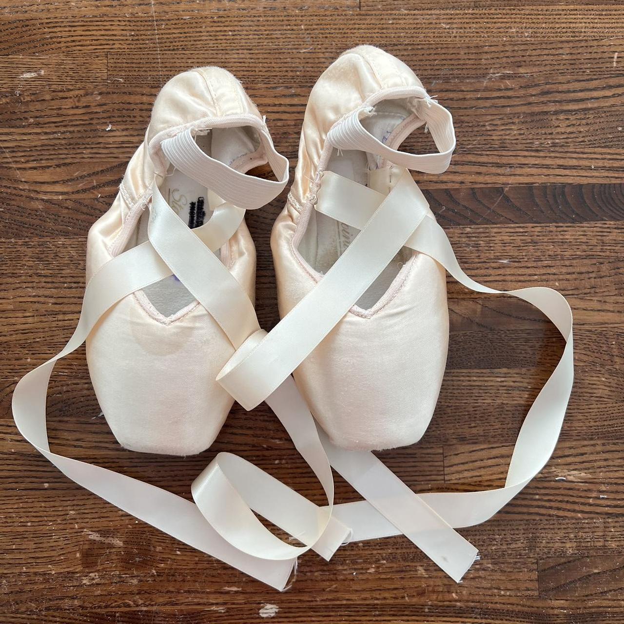 Used pointe shoes Includes looped elastic and satin... - Depop