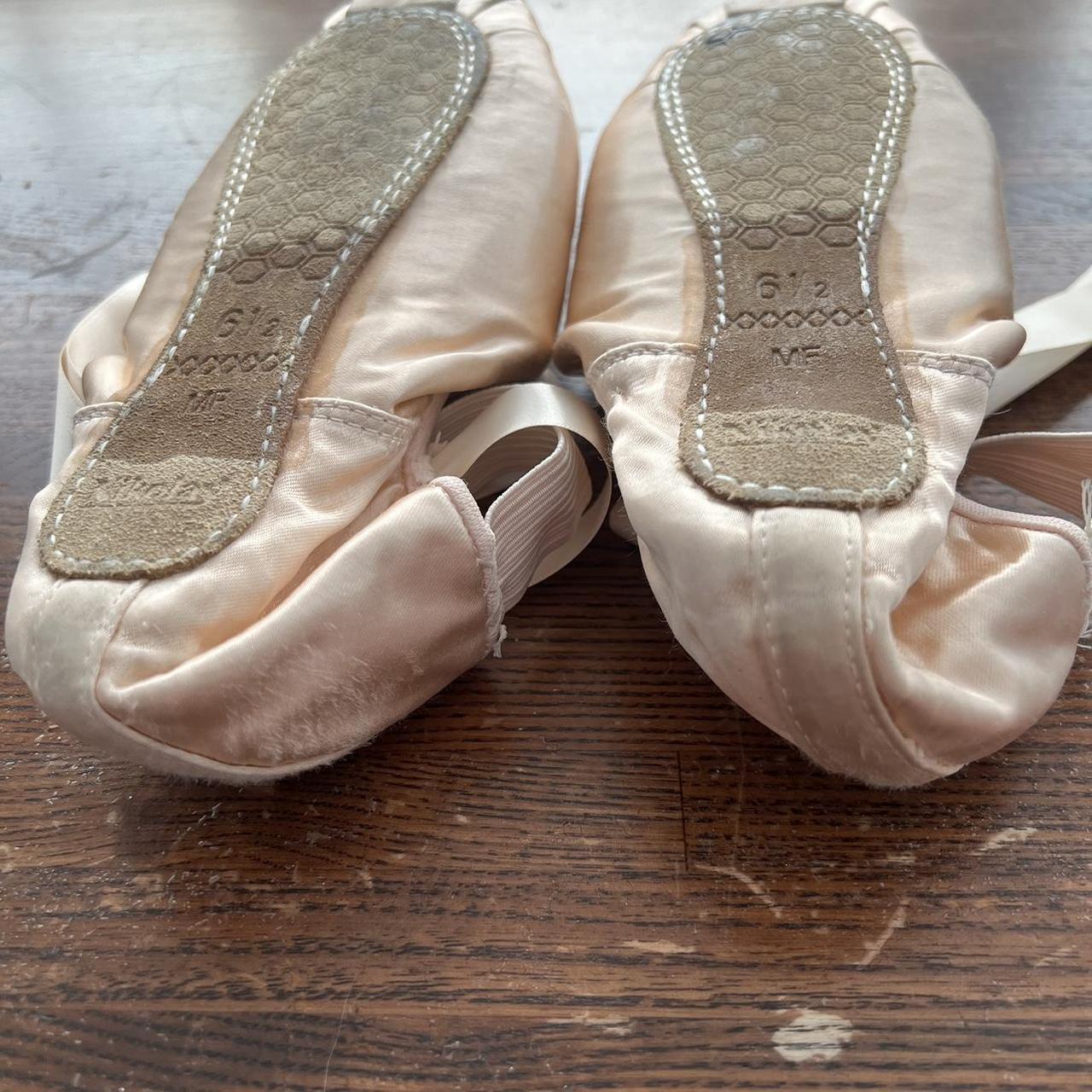Used pointe shoes Includes looped elastic and satin... - Depop