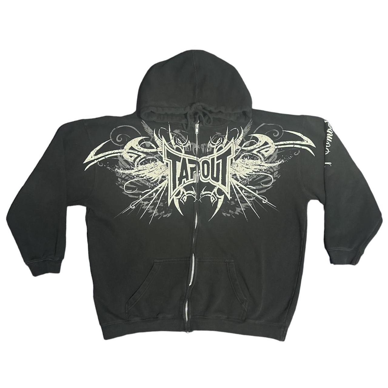 Y2K Black Tapout Tribal Graphic Zip-Up Hoodie... - Depop