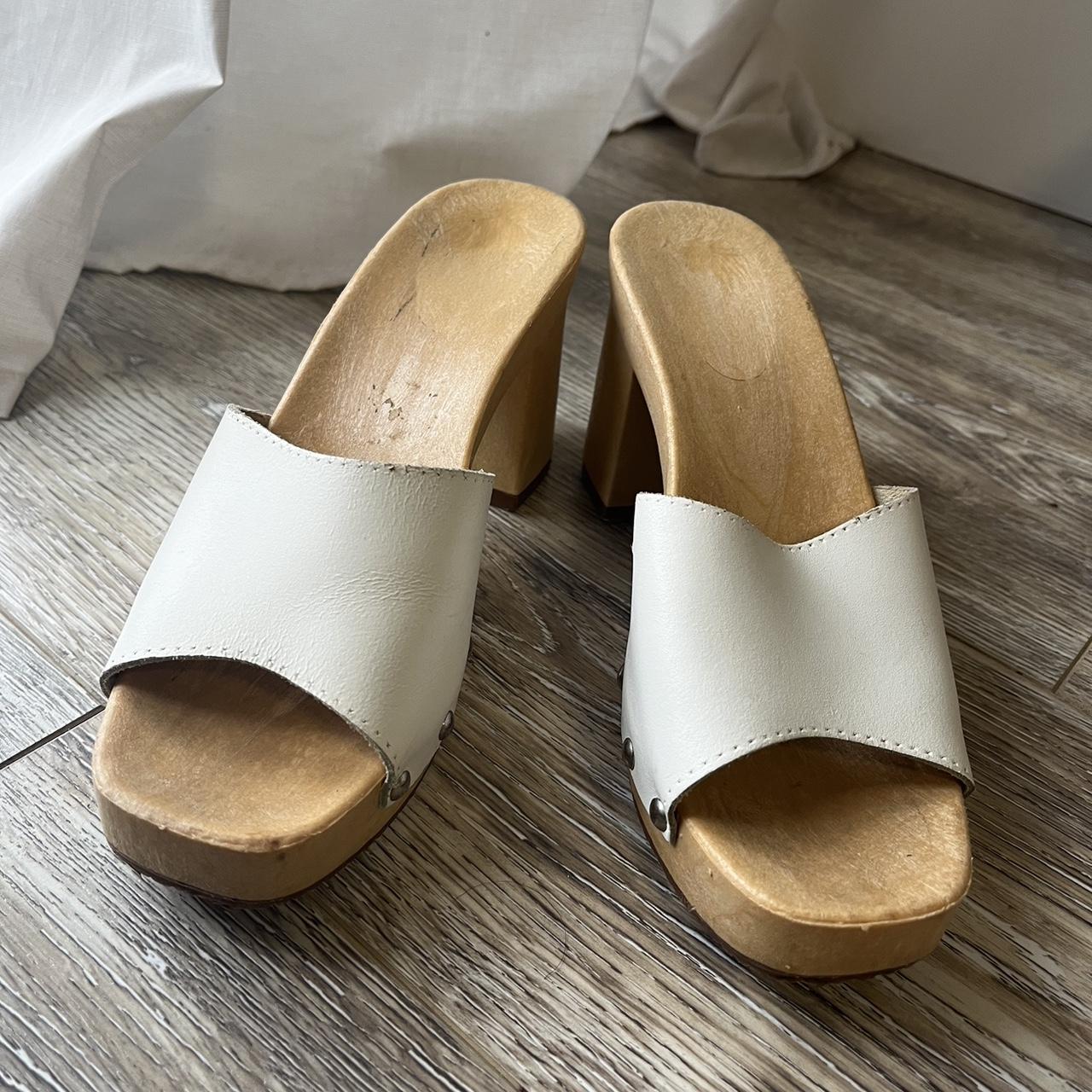 Vintage Swedish Clogs White leather light wood... - Depop